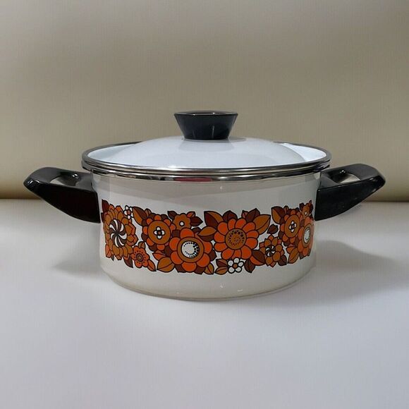 Kitchen | Vintage Mcm Retro 6s White Floral Enamelware 112 Quart ...